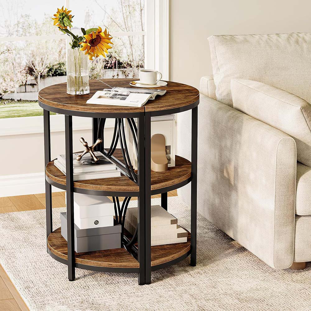 17 Stories Round End Table, 3-Tier Narrow Side Table With Metal Frame ...
