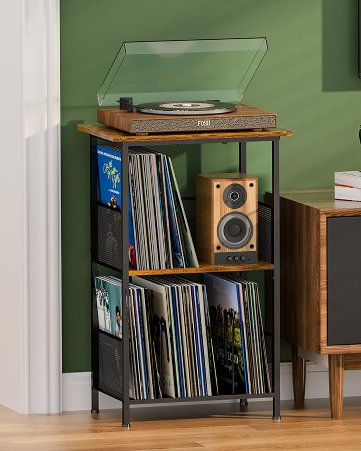 17 Stories Vinyl Record Player Stand for 200 Albums - Solid Wood ...
