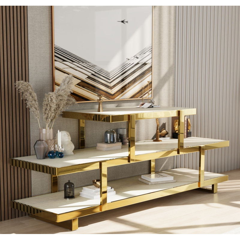 Mercer41 60" Gold TV Stand, Gorgeous 3-Tier Wide Open Shelf ...