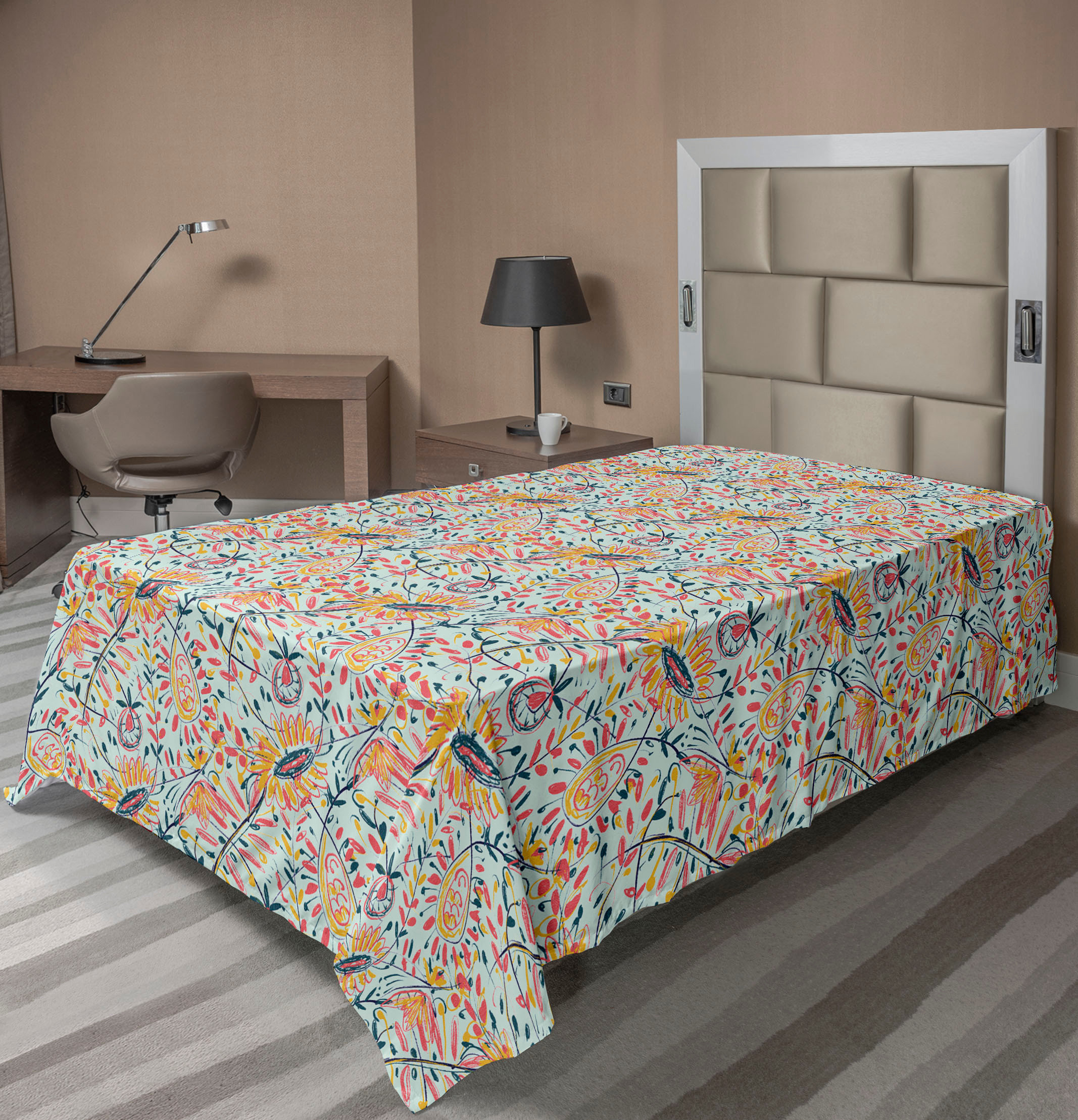 Ambesonne Floral Flat Sheet Doodle Style Flowers Plot Pale Ruby and ...