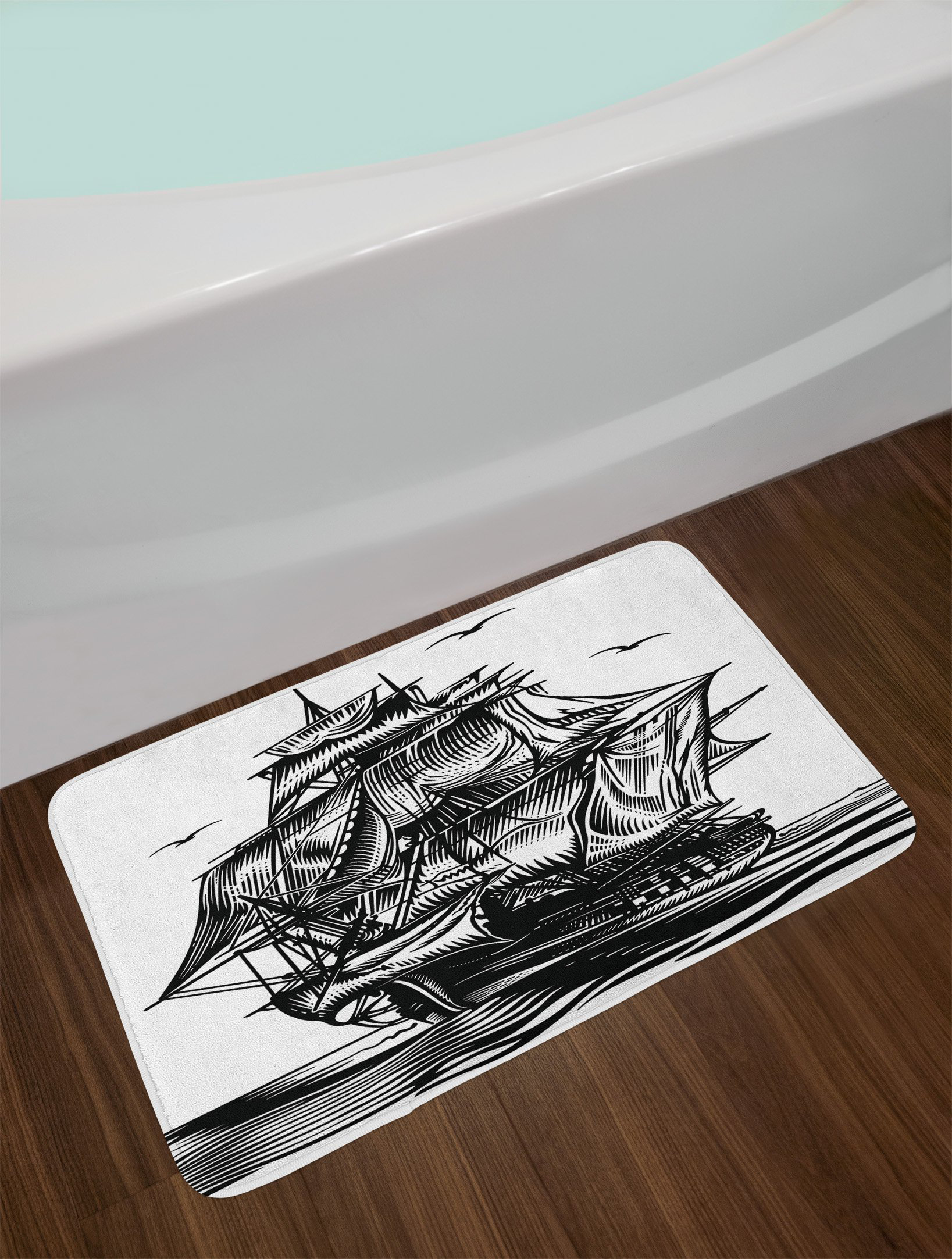 East Urban Home Nautical Black White Pirate Ship Bath Rug | Wayfair