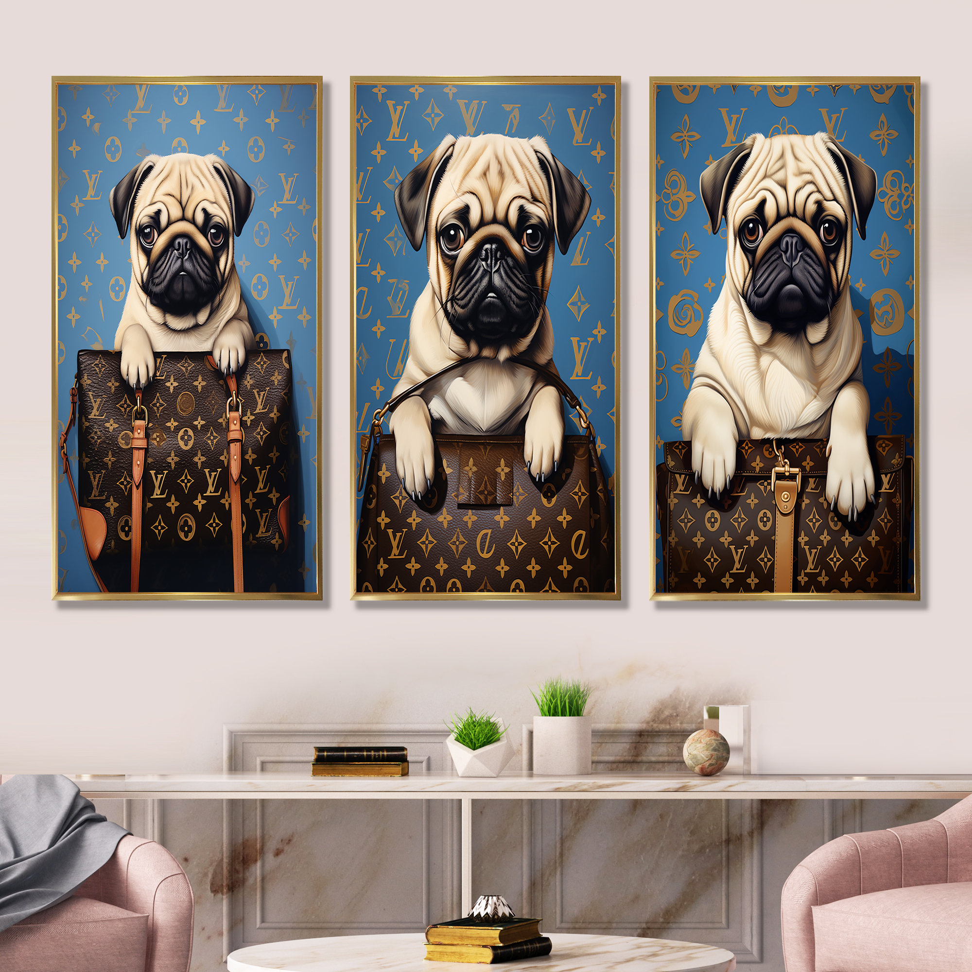 Trinx Fashion Brand Pug With Hand Bag I - Dog Pug Wall Art Prints Set ...