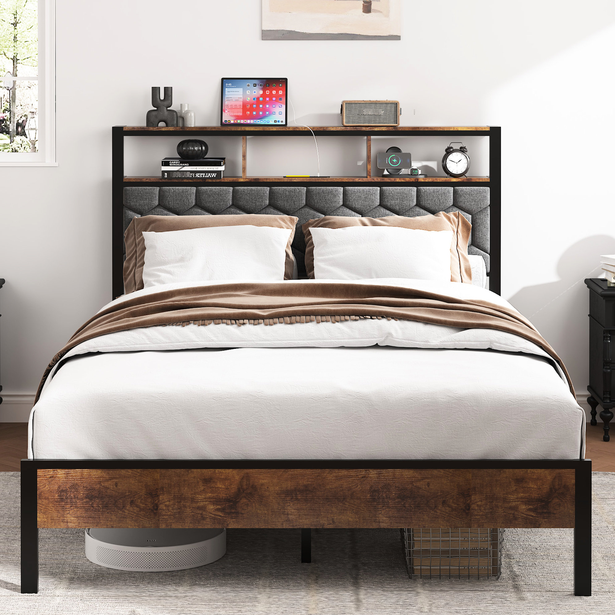 Latitude Run® Brown Bed Frame Of Metal And Wood, Bedside With 2 Ports ...