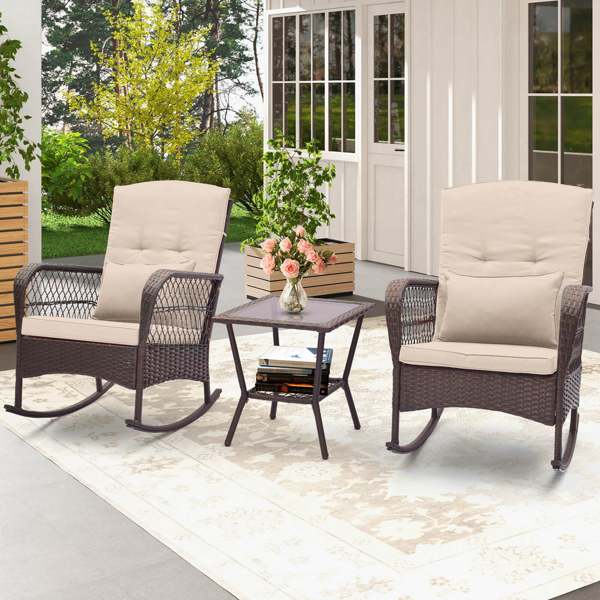 Dakota Fields 3 Pcs Patio Rocker Set Outdoor Wicker Rocking Chairs With ...
