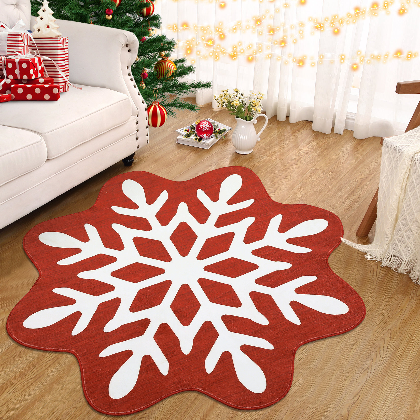 The Holiday Aisle® Snowflake Shaped Christmas Decorative Area Rug ...