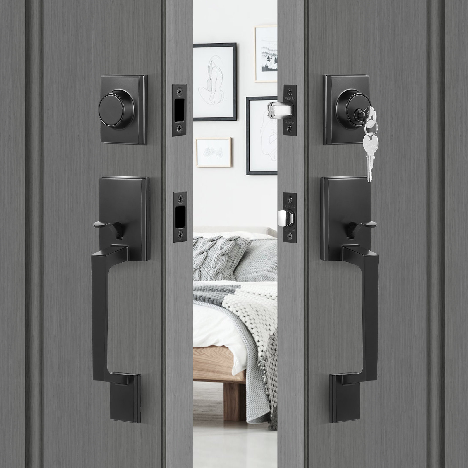 VEVOR Double Door Handle Set, Double Door Lock Set with Reversible ...