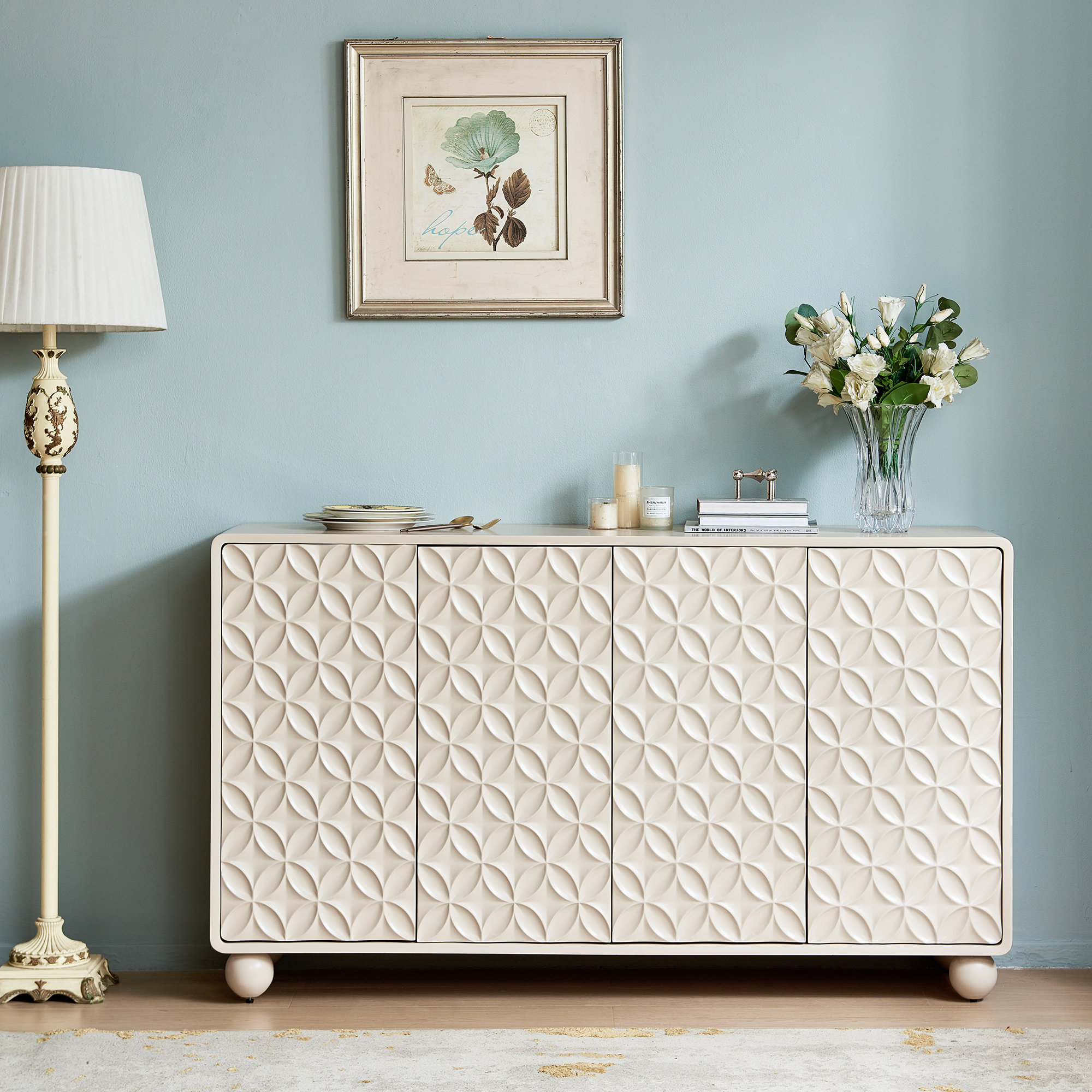 Alcott Hill 59.8'' W Cream Carved 6-Door Accent Cabinet With Floral Details And Round Wood Legs ...
