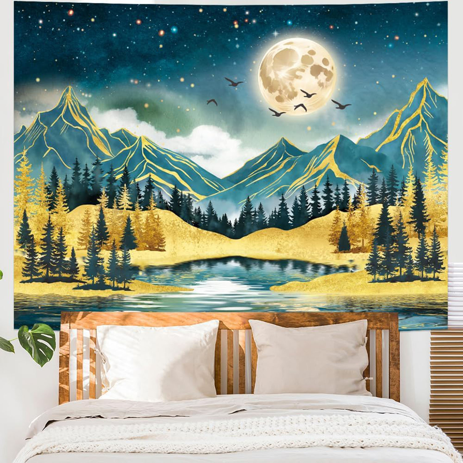 WIZIAT Watercolor Mountain Tapestry Starry Moon Night Tapestries Forest ...