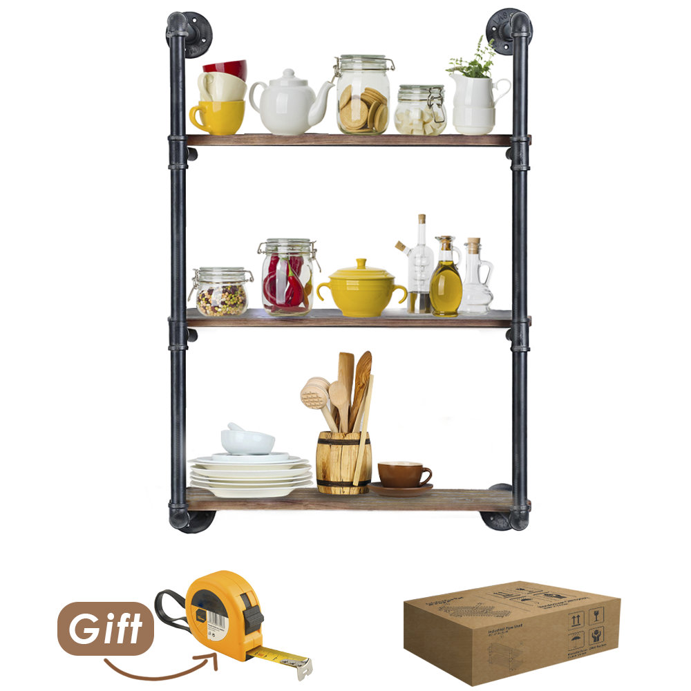 Williston Forge Damber 3 Piece Floating Shelf with Industrial Pipe ...