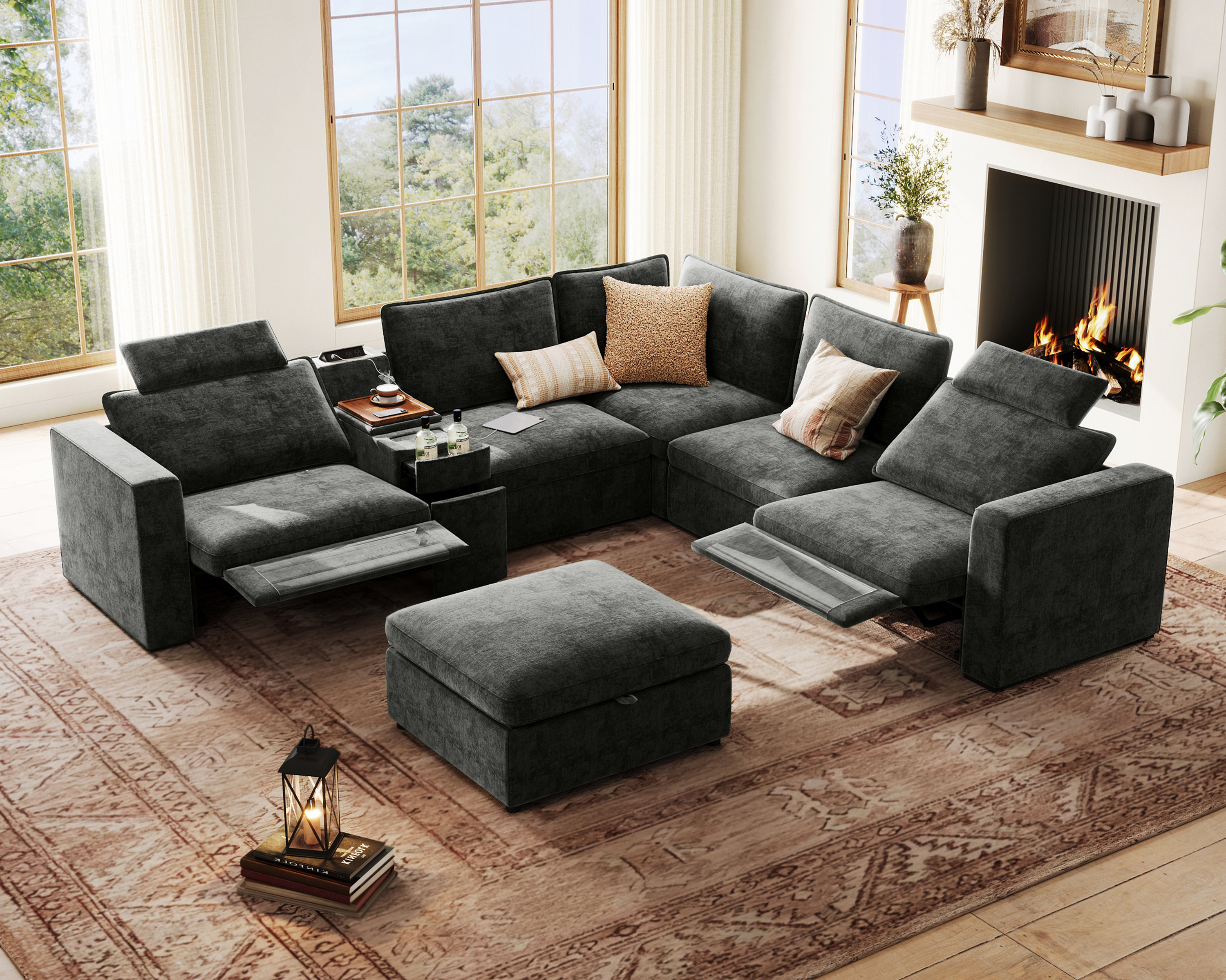 Leafy Bliss 5 Seater Chenille Oversized Modular Sectional Sofa With ...