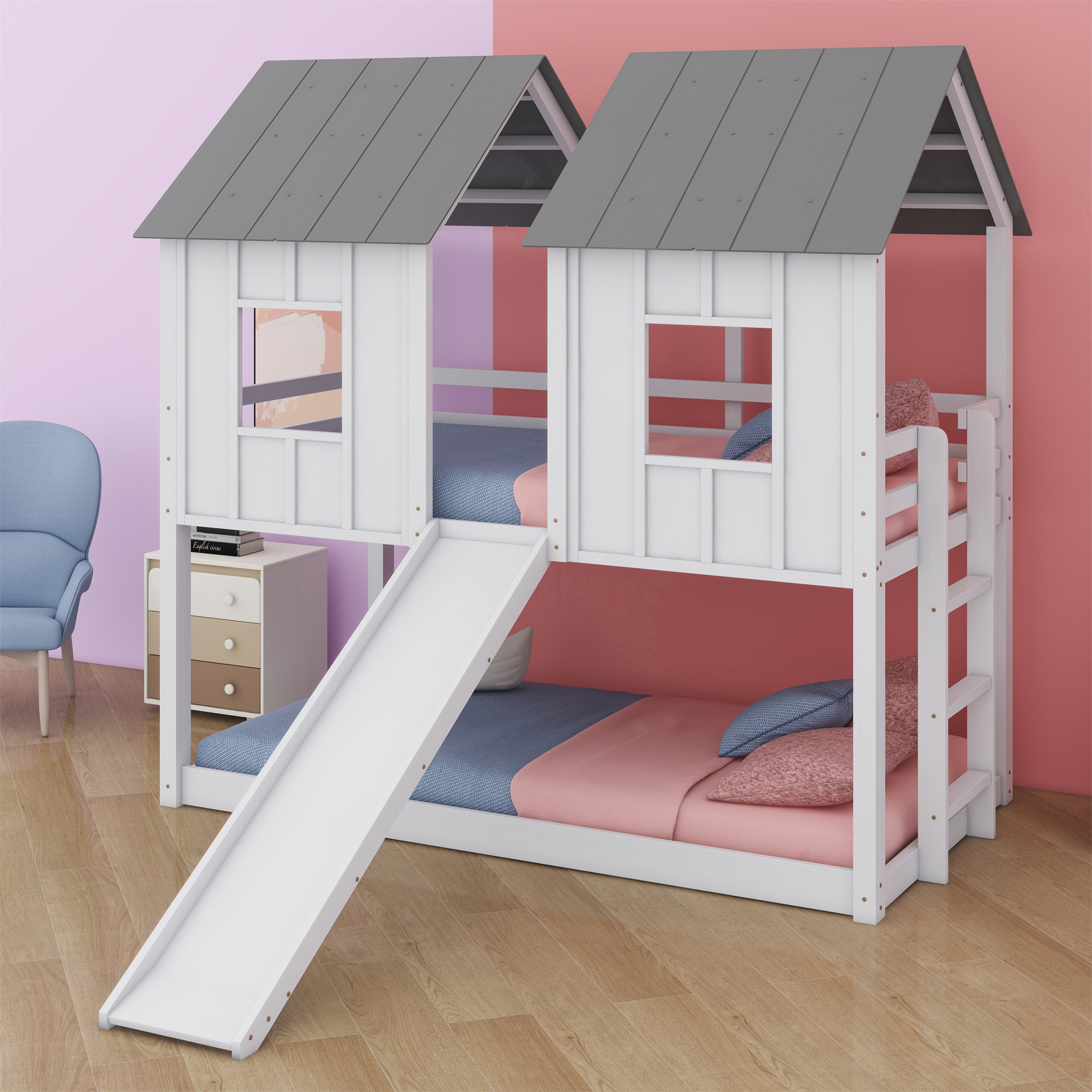 Harper Orchard House Bunk Bed With Slide And Windows | Wayfair