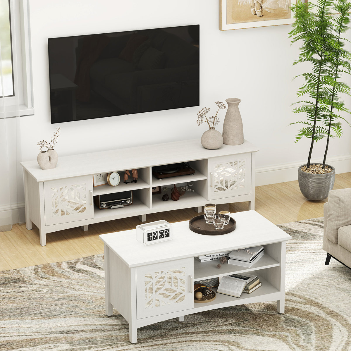 Lark Manor™ Parthenia 65'' White Ash TV Stand With Floral Carved Doors ...