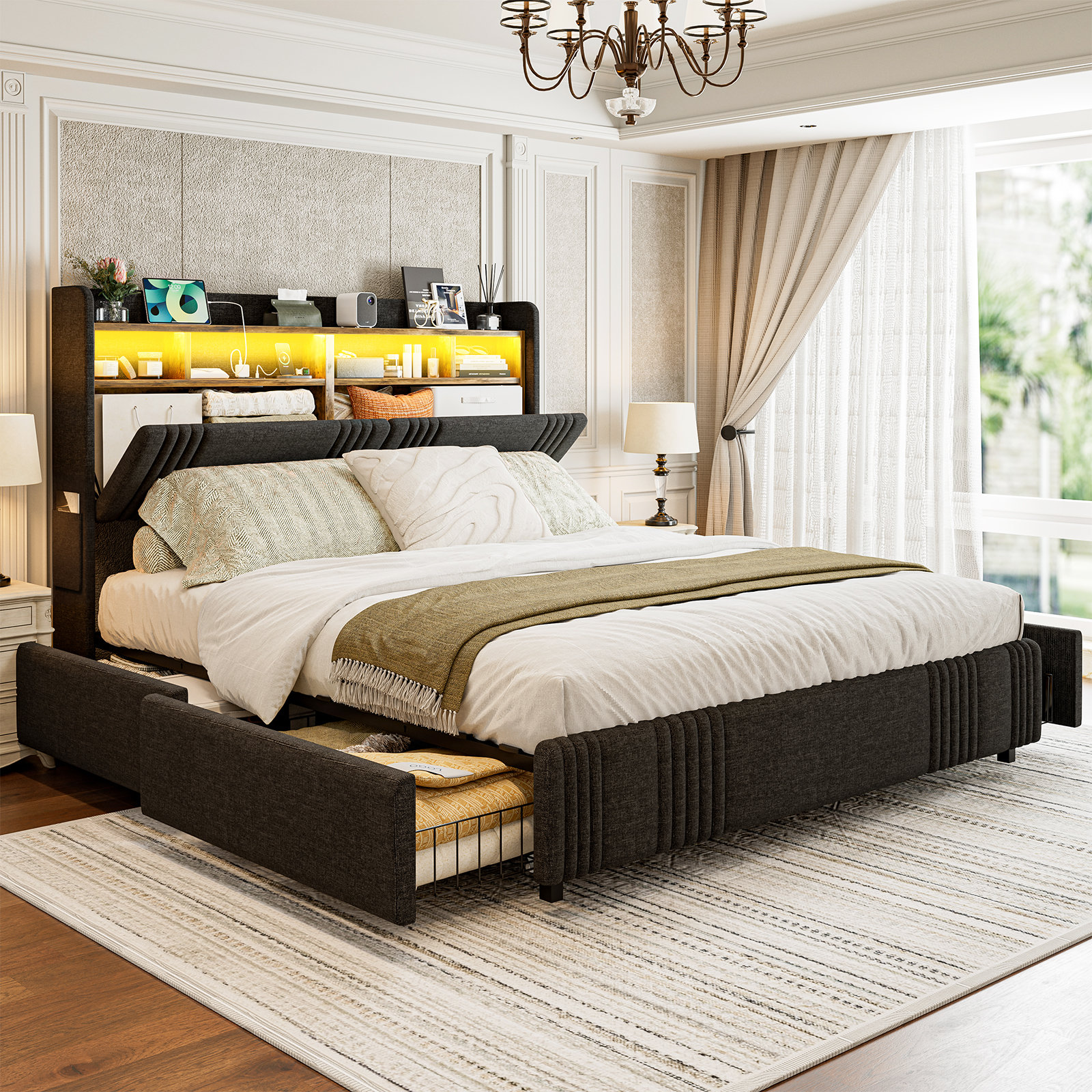 Ivy Bronx Twin Xl Bed Frames With Hidden Storage Headboard & 4 Drawers ...