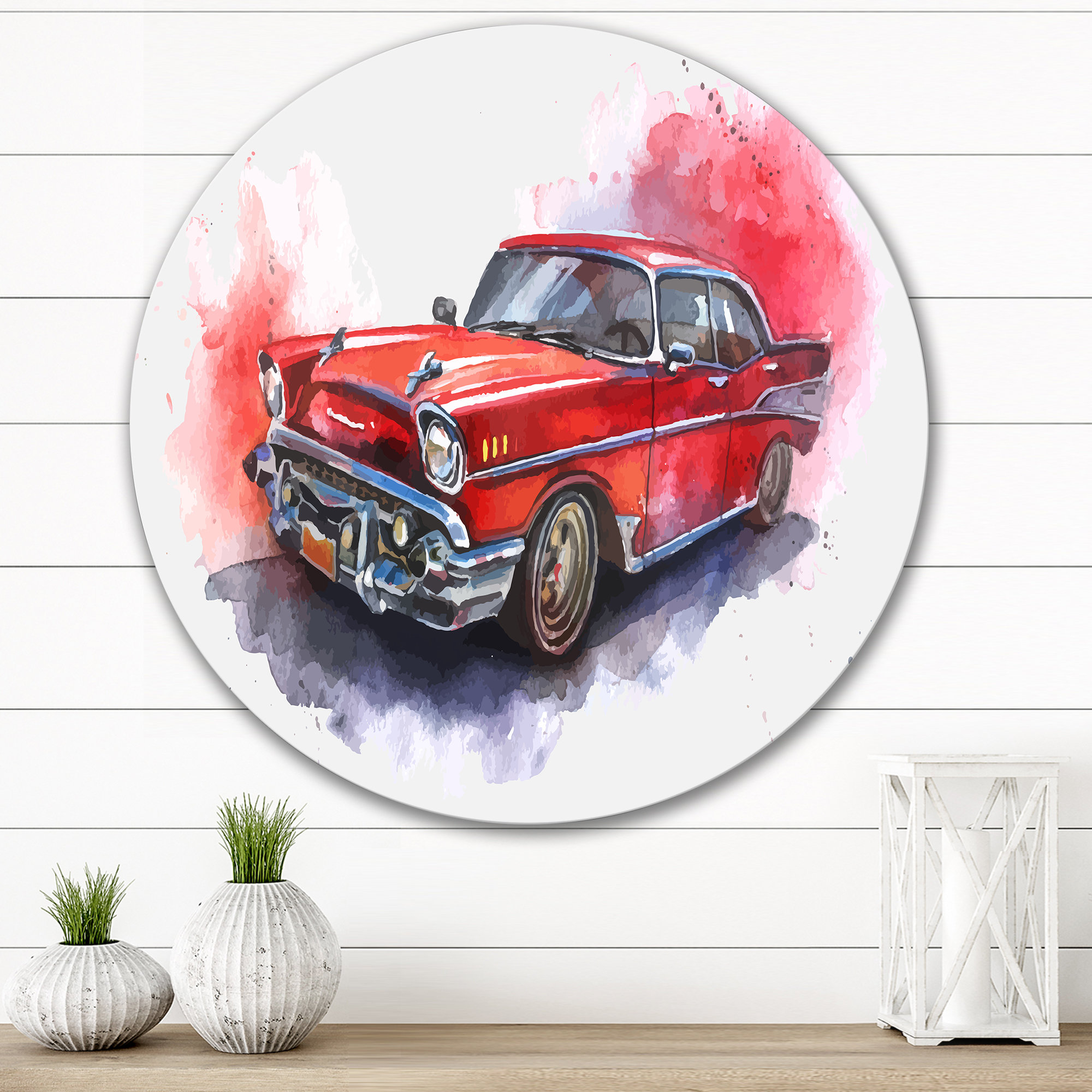 Williston Forge Old-Fashioned Red Car - Industrial Metal Circle Wall ...