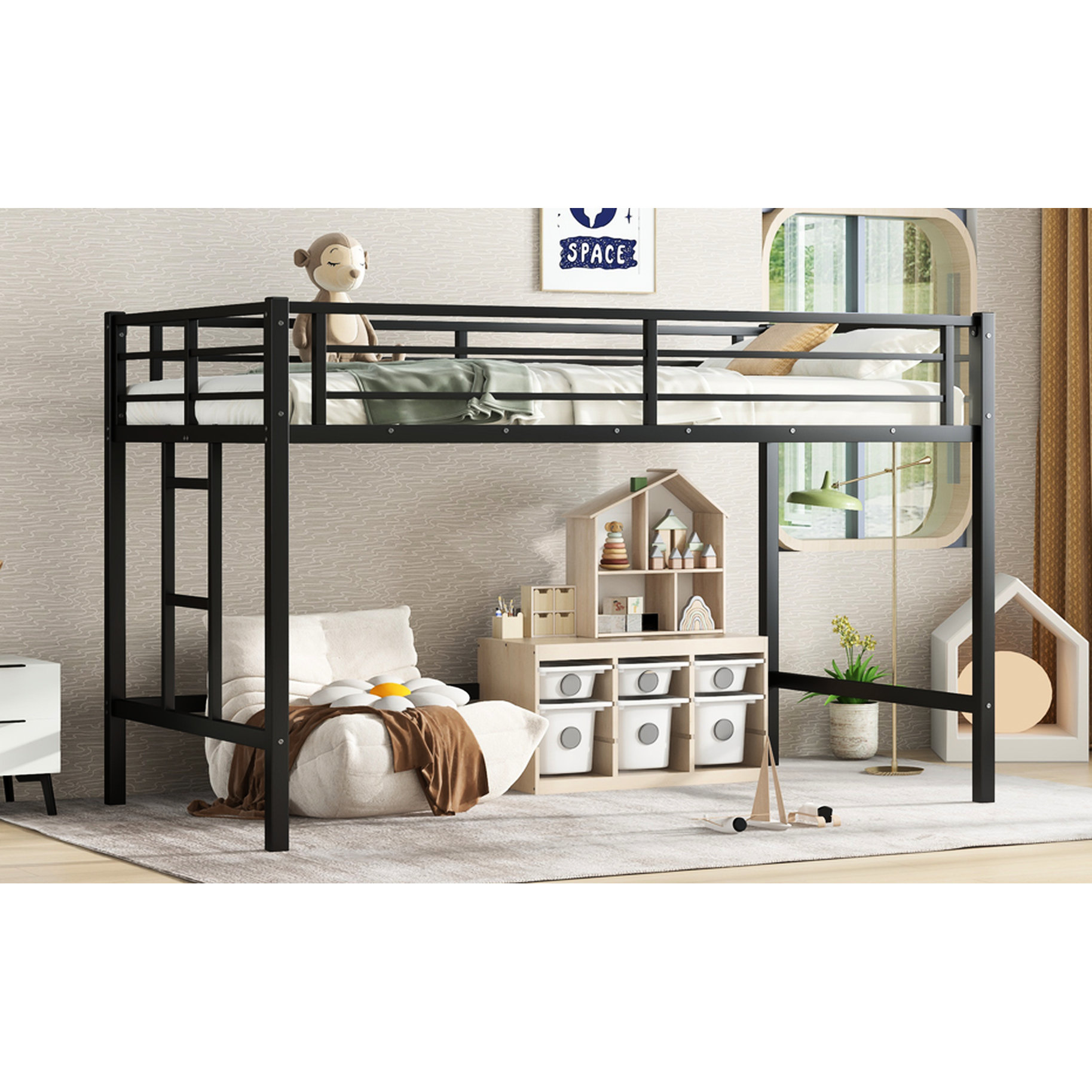Alwyn Home Black Twin Size Metal Loft Bed With Guardrails, A For Quick ...
