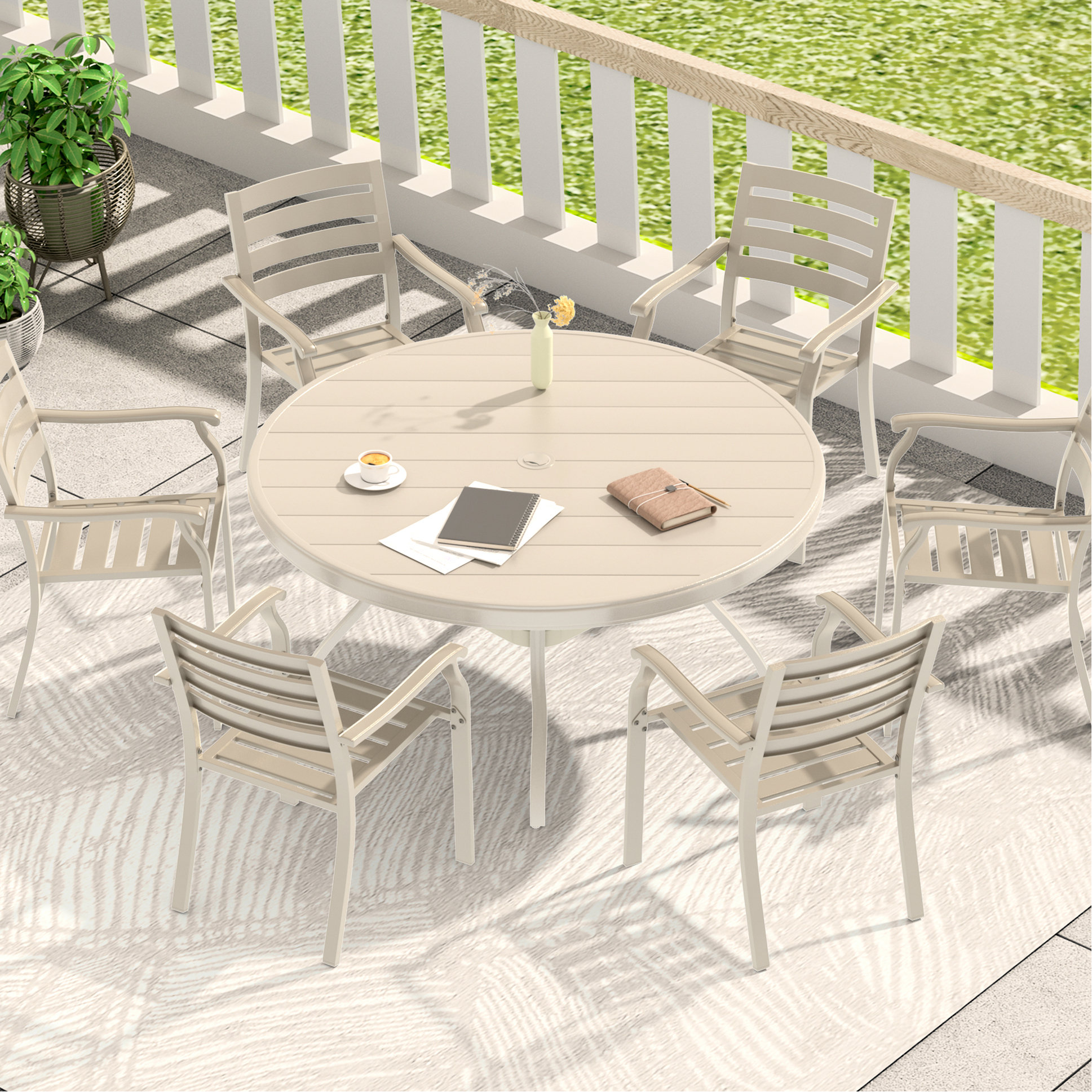 Latitude Run® Outdoor Dining Of 7 Pieces With 6 Stackable Metal Chairs ...