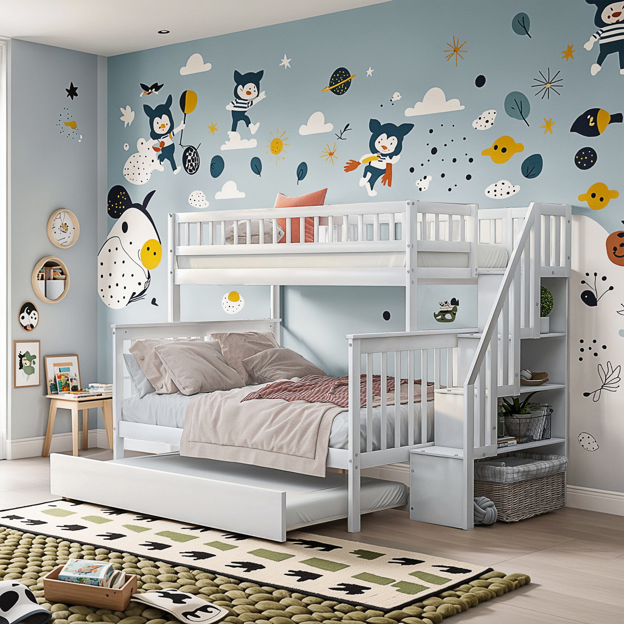 Harriet Bee Twin over Full Bunk Bed with Trundle and Staircase,platform ...