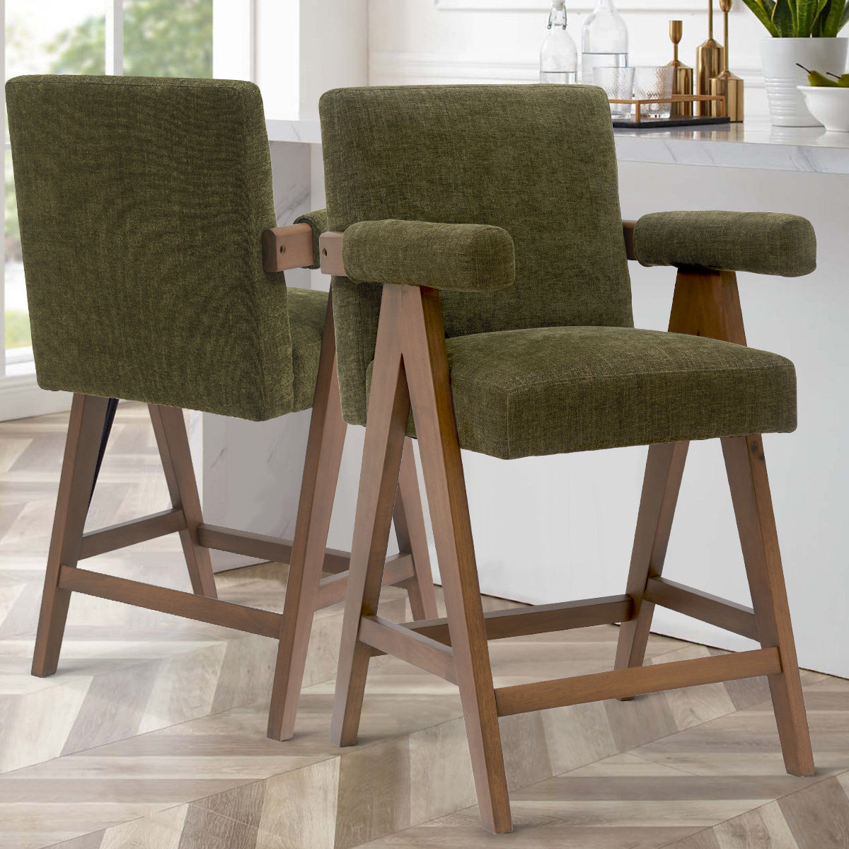 George Oliver Occeus Set of 2 Full Back 25.5" Walnut Wood Upholstered ...