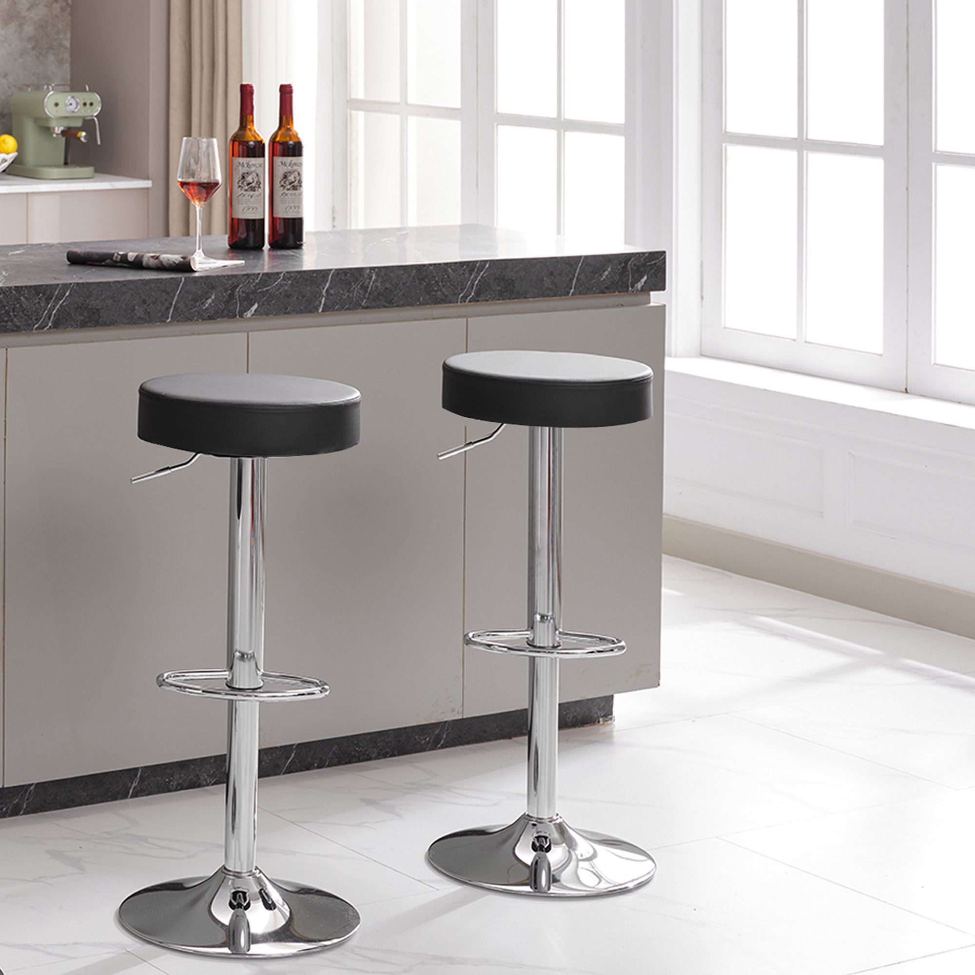 Ivy Bronx Jesher PU Upholstered Swivel Adjustable Height Bar Stools ...