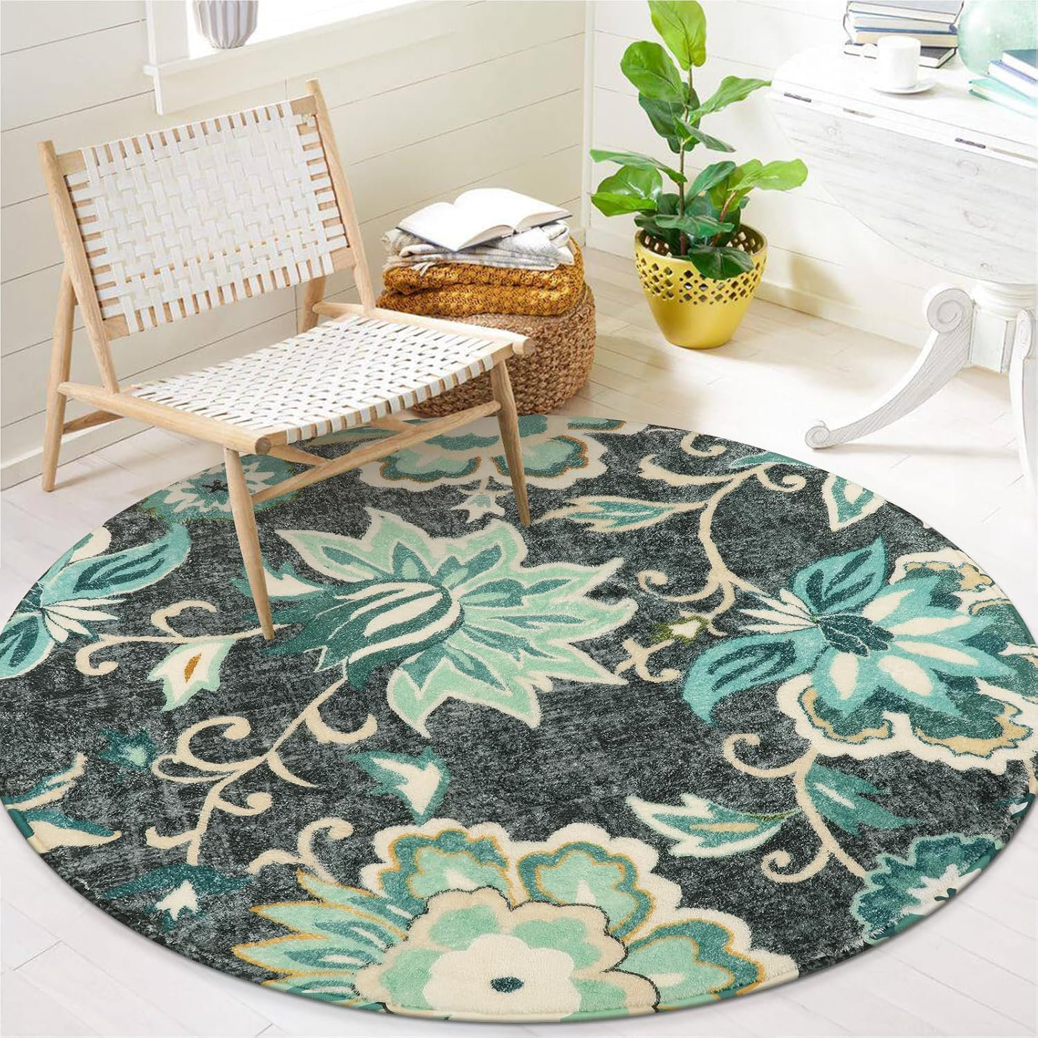 Red Barrel Studio Floral Round Rug Washable Soft Boho Circle Rug For ...
