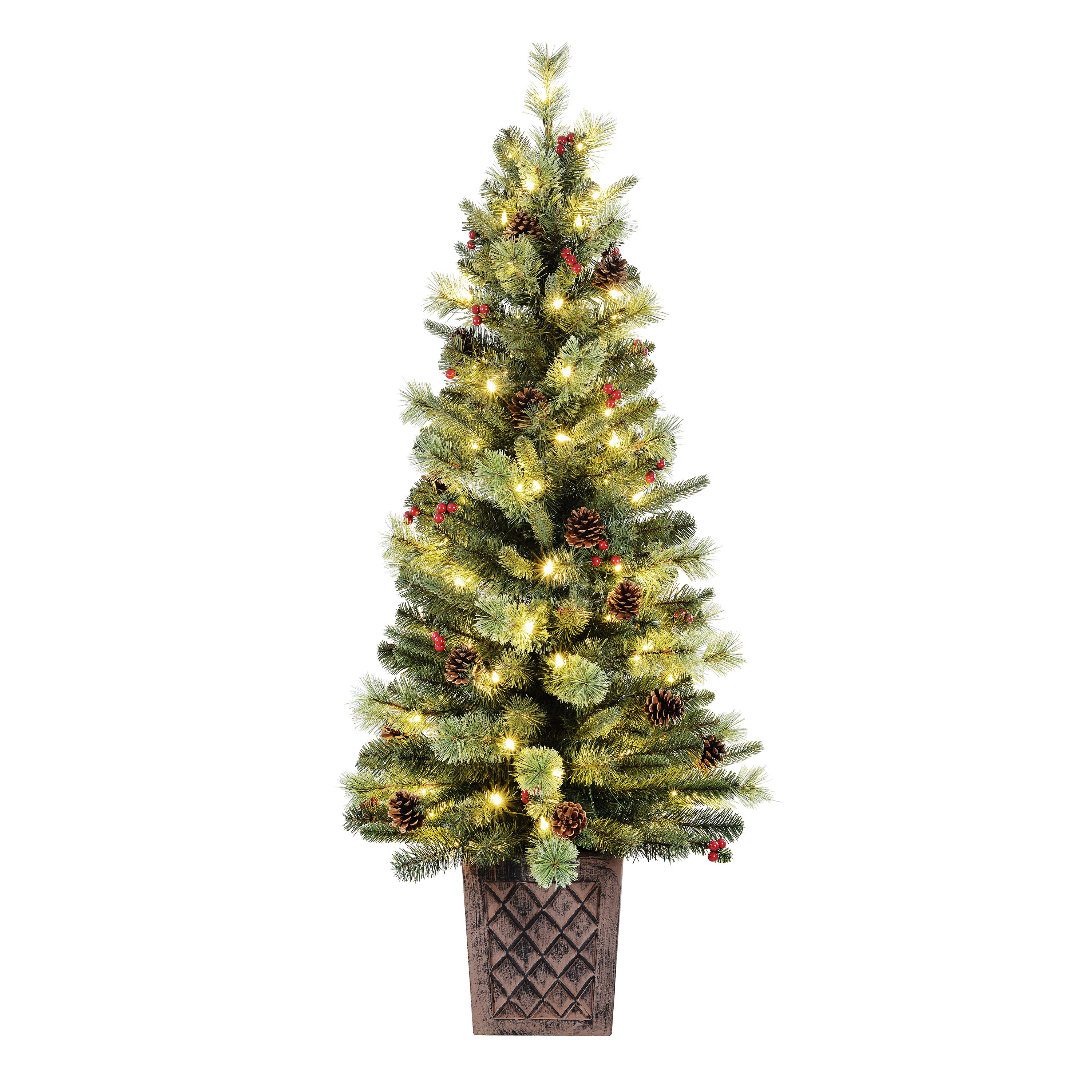 Haute Decor 4.5 Foot Pre-Lit Evergreen Potted Porch Tree with 100 Warm ...