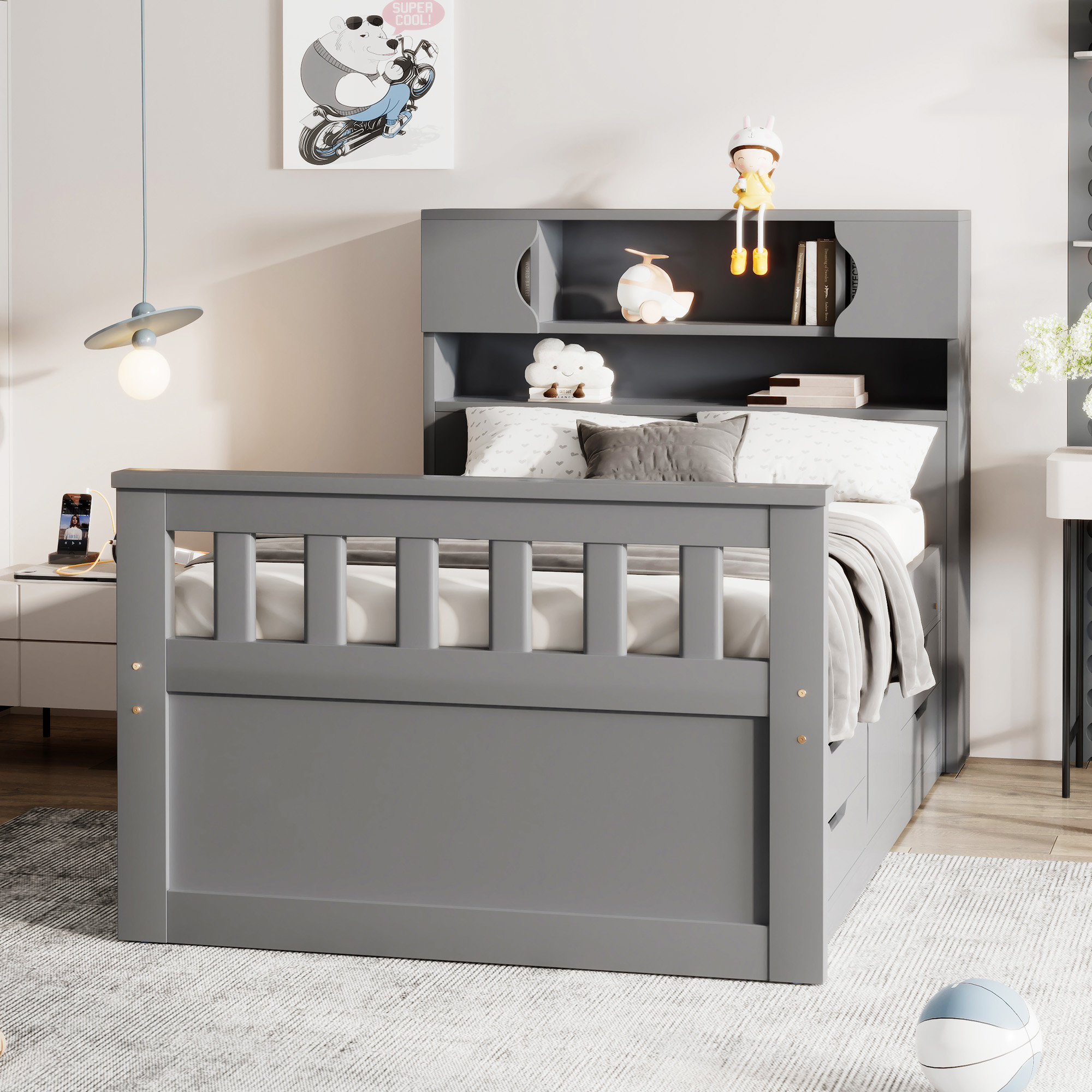 Audiohome Twin Size Captain Platform Bed Frame With Storage Bookcases ...