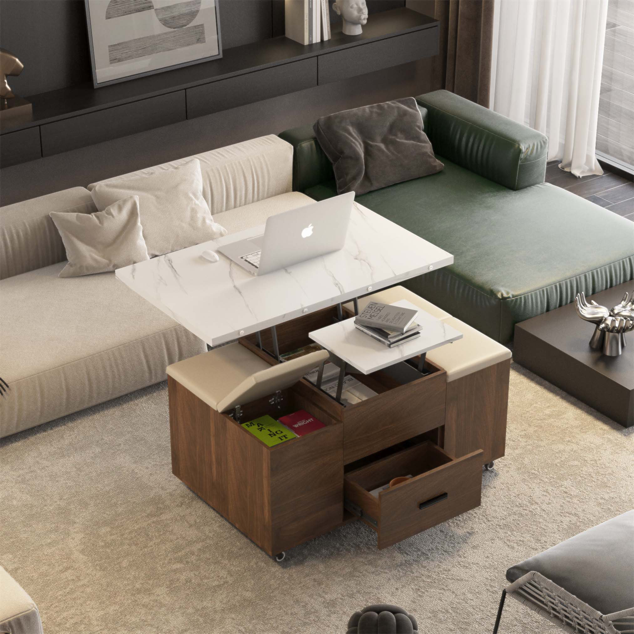 Latitude Run® Modern Lift-Up Coffee Table with 4 Stools Set for Living ...