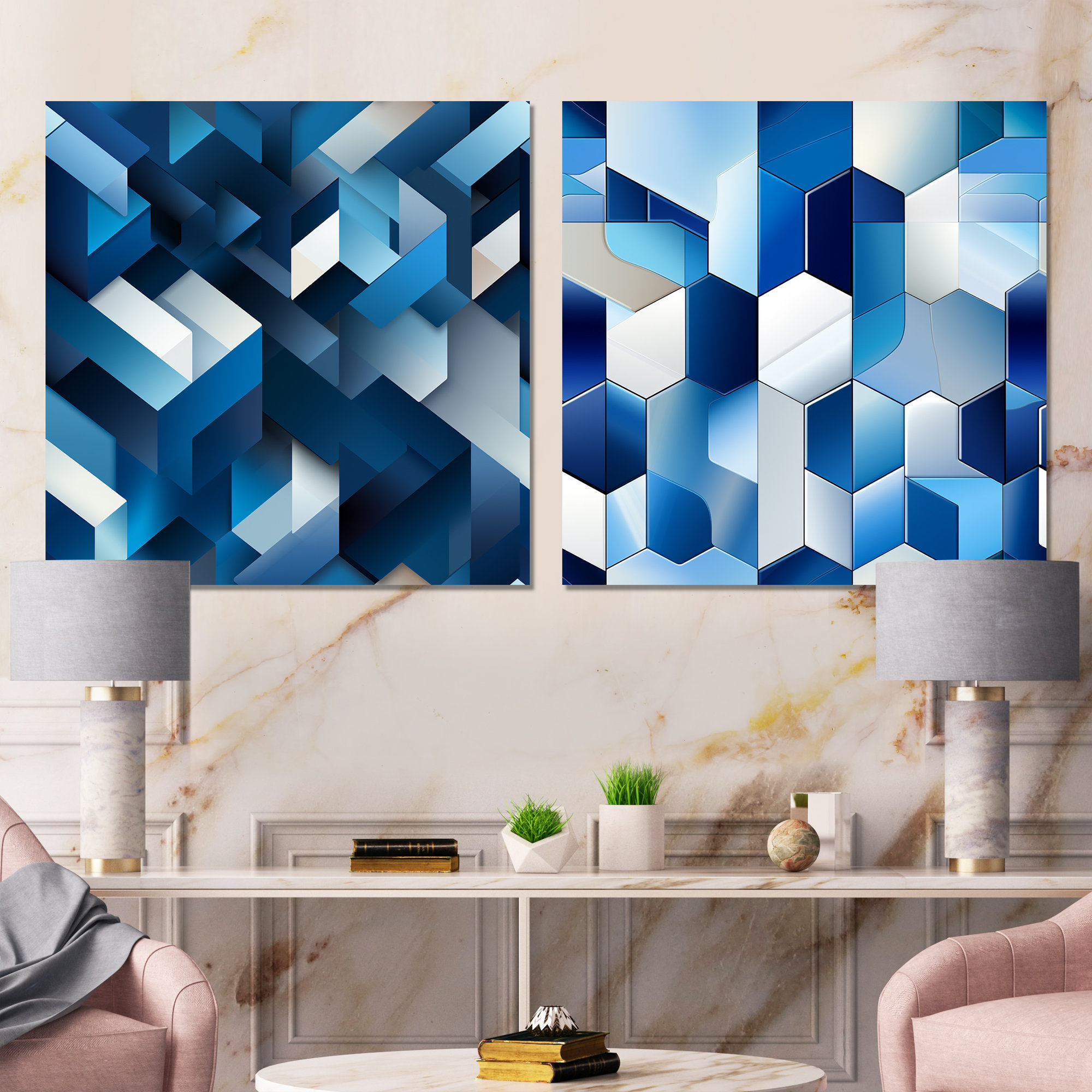 Design Art Minimalist White And Blue Polygons Geometric II - Abstract Shapes Metal Wall Decor ...