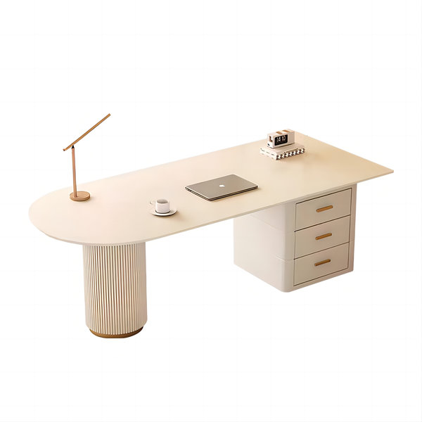 Hokku Designs 70.87"White Hemi-circular Solid Wood Desk,3-drawer | Wayfair