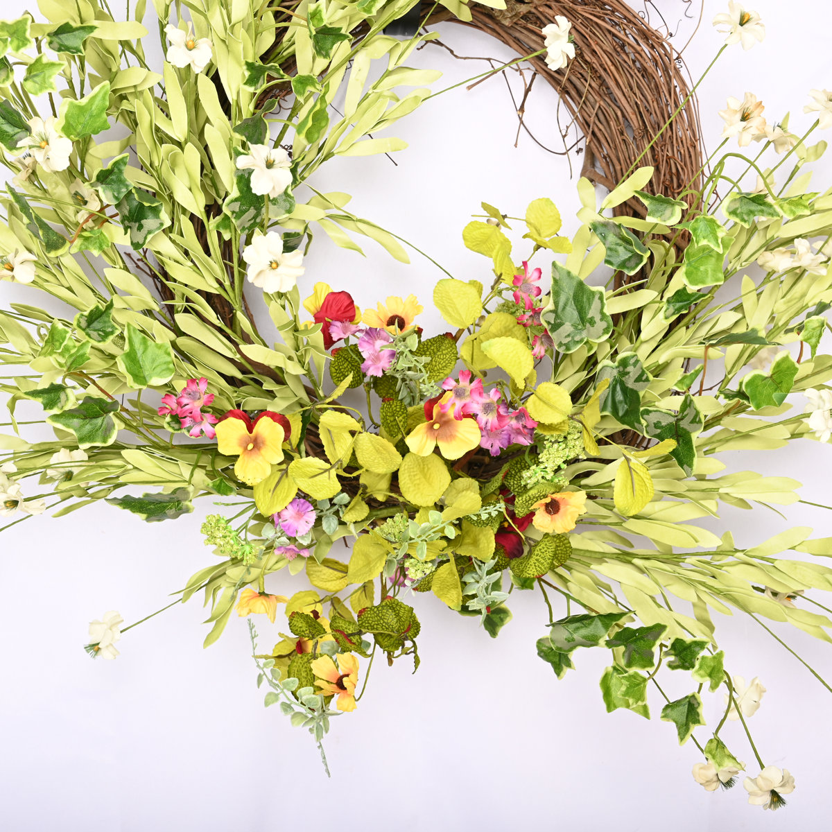 Primrue 28" Spring Summer Front Door Wreath with Pansy Daisy Blossoms ...