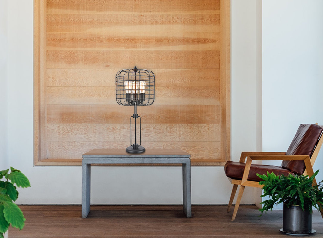Orren Ellis 26"H Black Industrial Wire Cage Table Lamp with Edison Bulb ...
