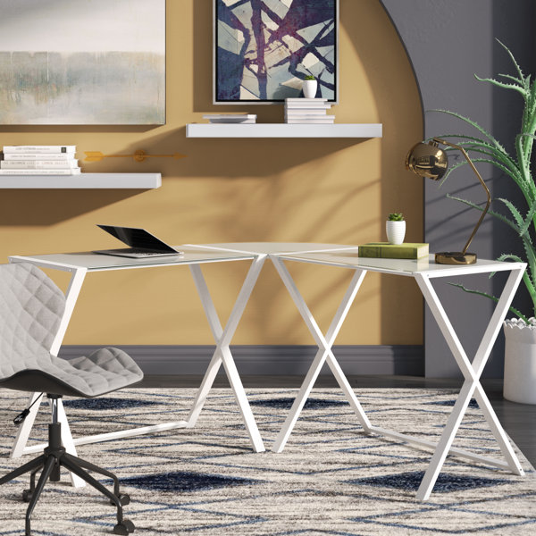 Wrought Studio Ferro L-Shaped Glass Top Metal Base Writing Desk ...