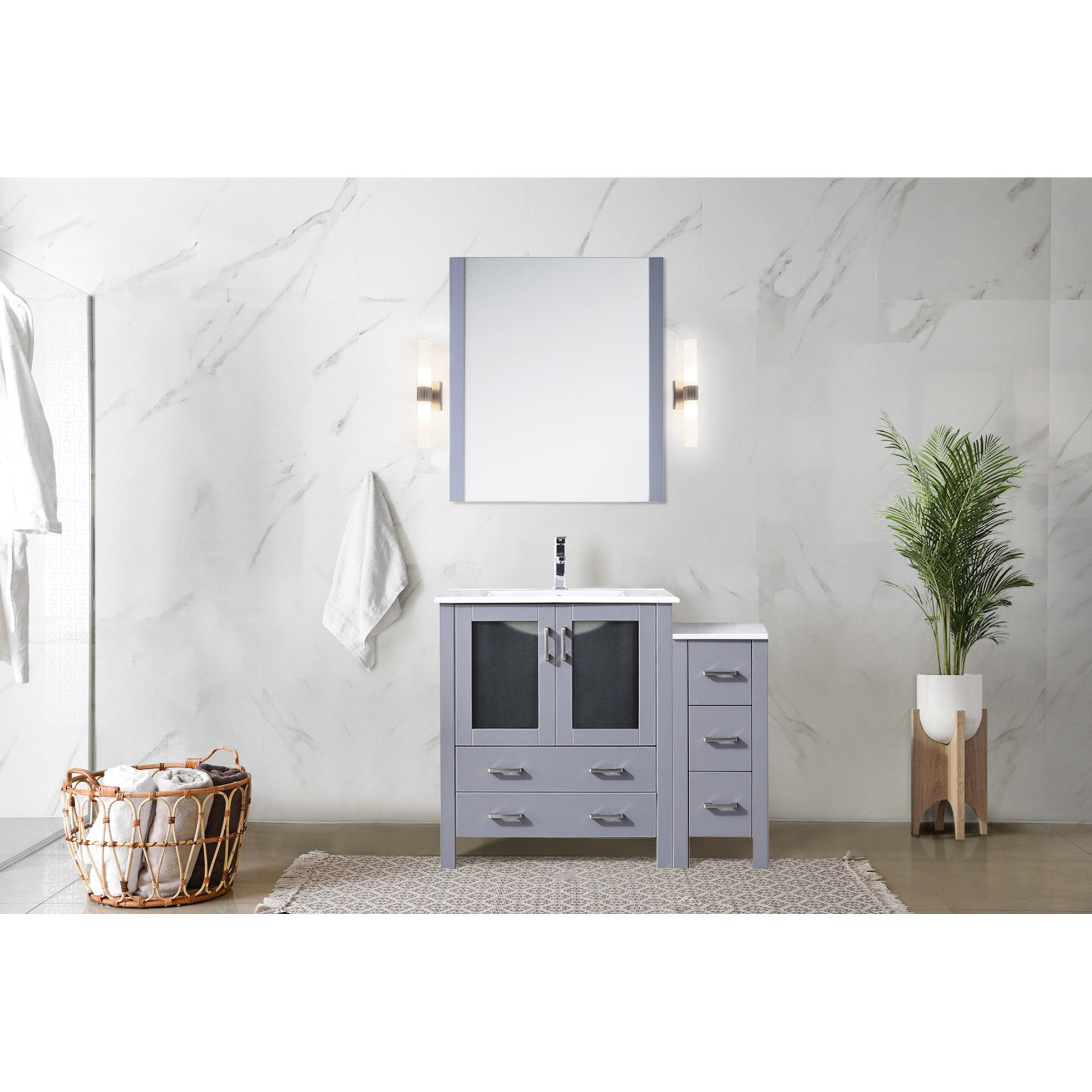 Hokku Designs Single Bath Vanity With Side Cabinet, Ceramic Top, Solid ...