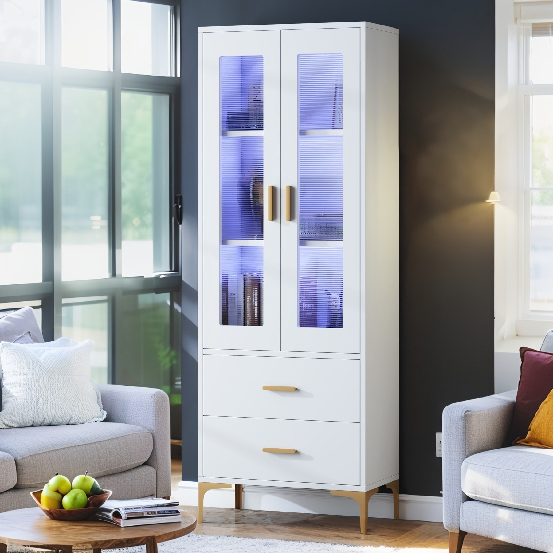 Mercer41 64.96'' H Tall Storage Cabinet With Led Lights, Bookcase With ...