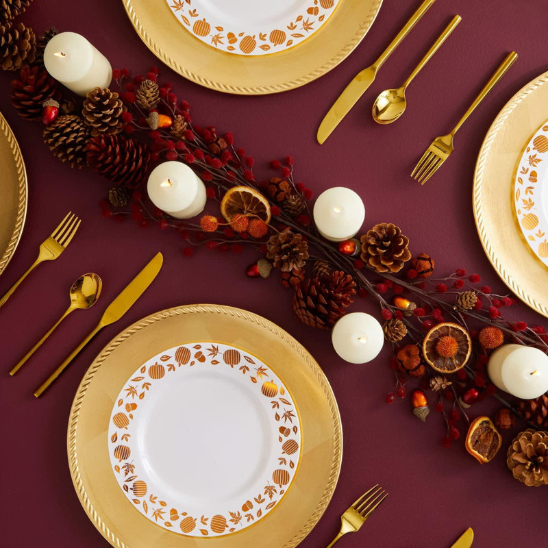 COEN Plastic Thanksgiving Plates with Copper Foil Leaf Trim – 24-Pack ...