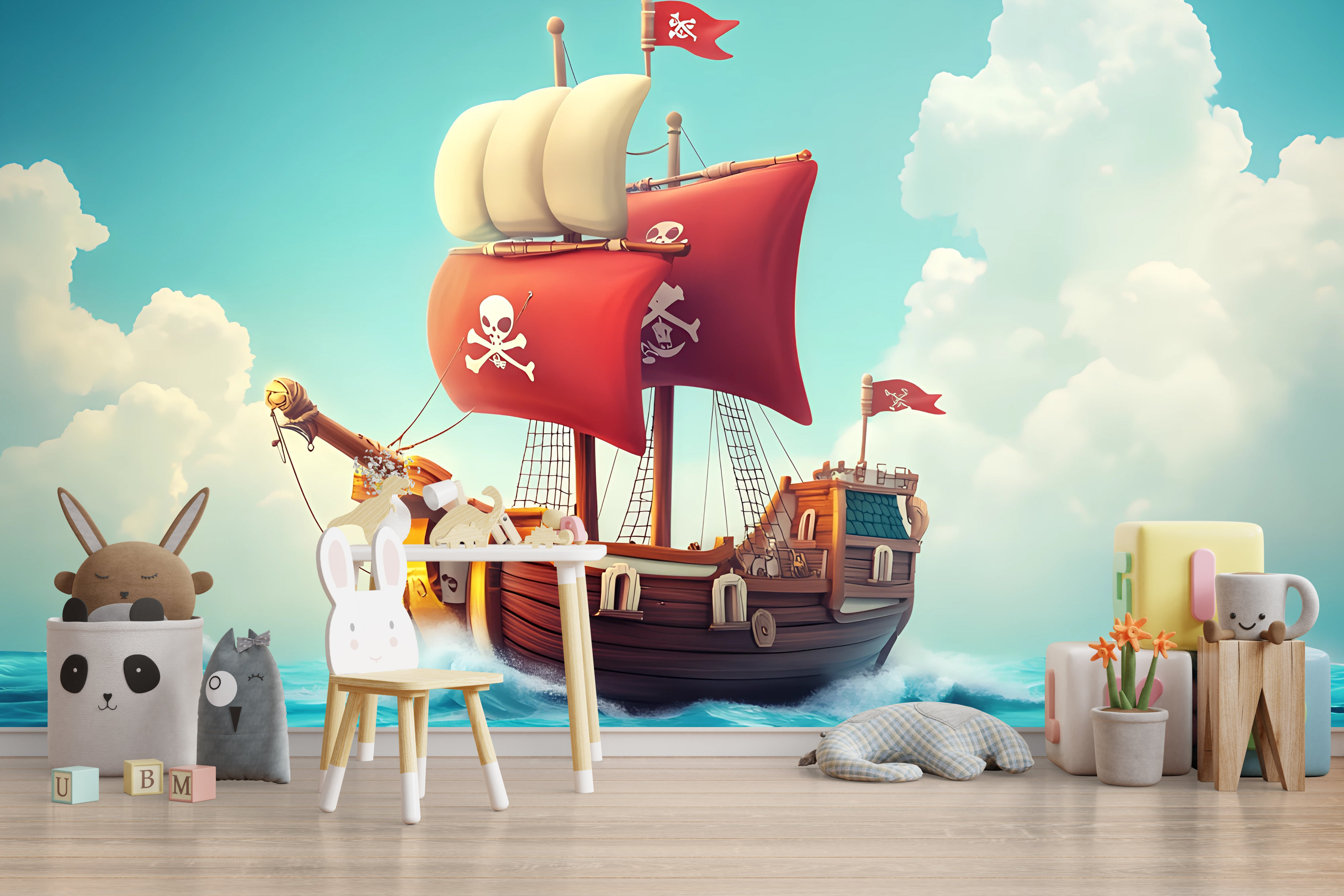 Sunside Sails Pirate Ship & Island Village Wallpaper – Cartoon Sea Wall ...
