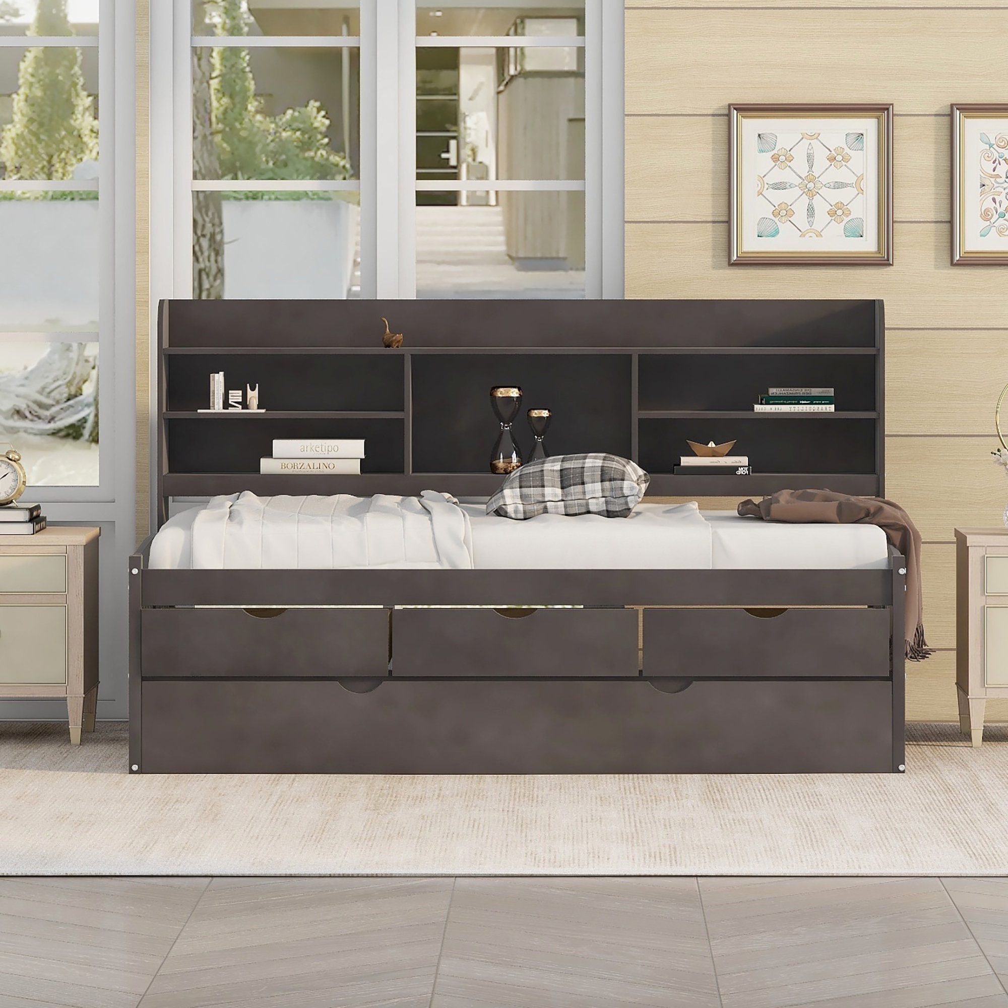 One Allium Way Twin Wooden Captain Bed with Built-in Bookshelves ...