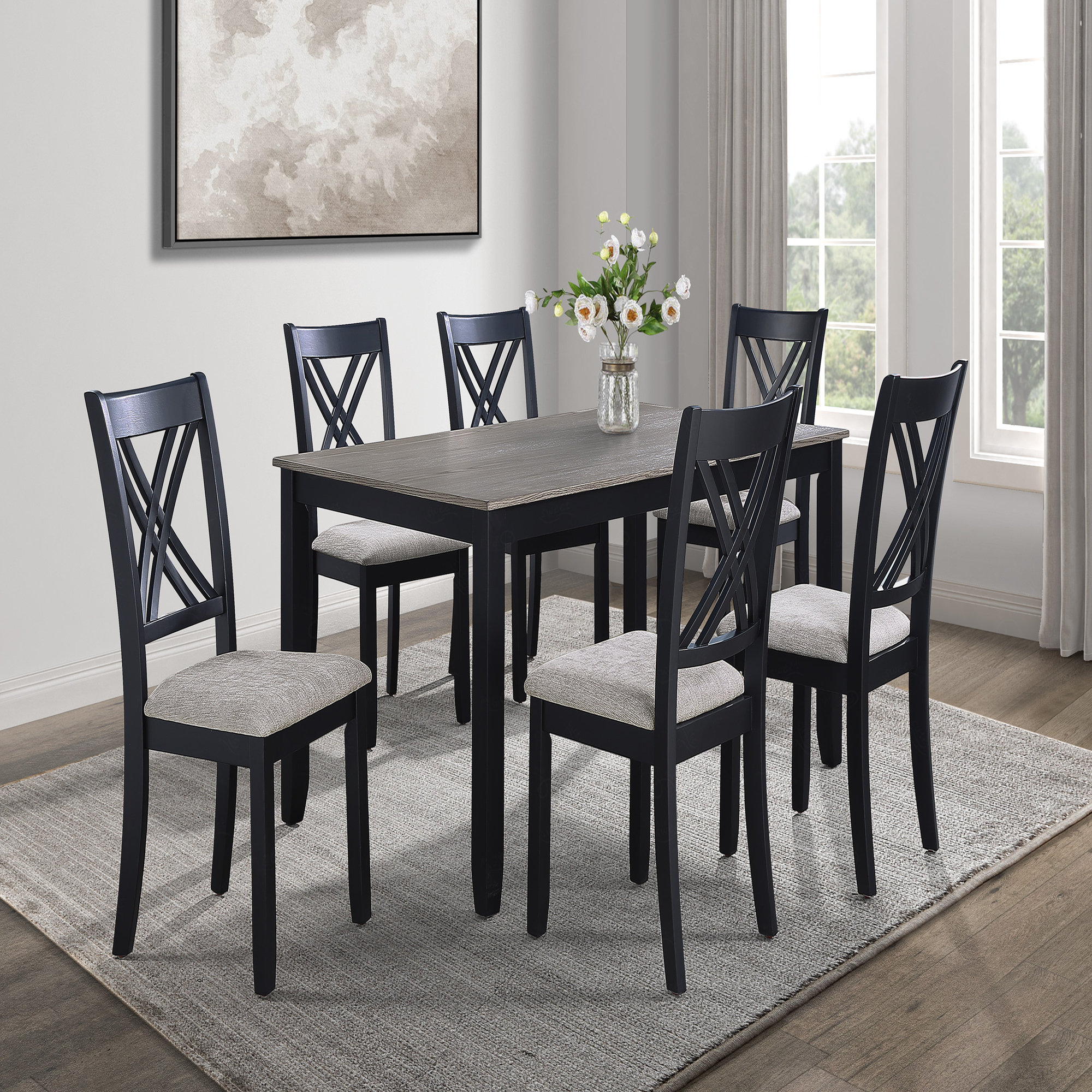 Corrigan Studio® 7-Pc Dinette Set Light Black Gray Rectangular Table Grey Upholstered Chairs ...