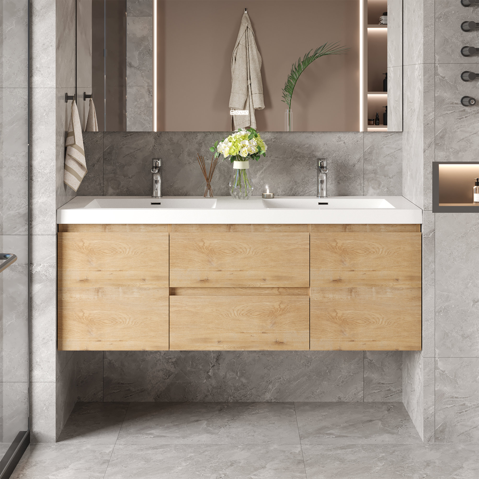 TONA Angela 60 inch Fully Assembled Double Floating Bathroom Vanity ...