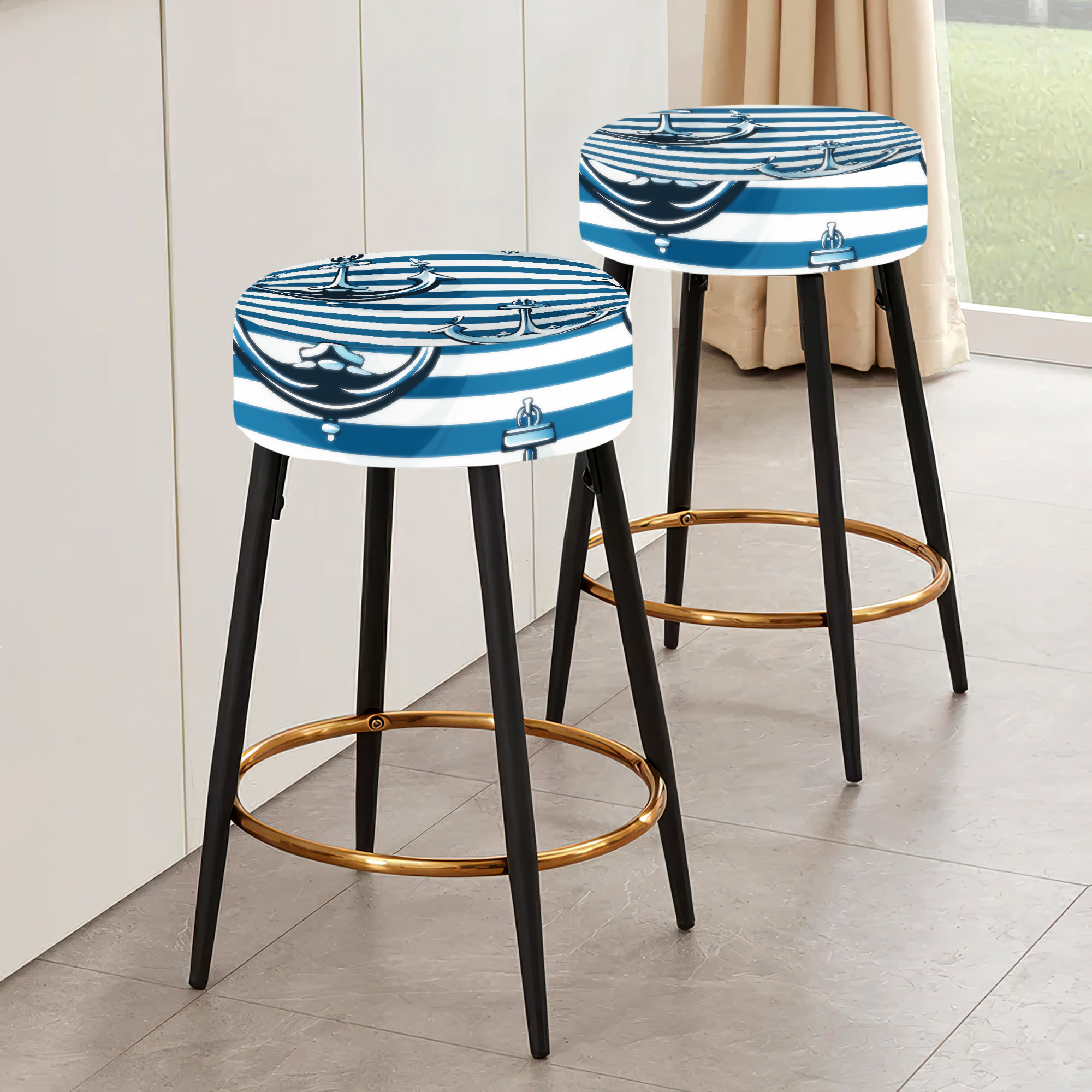 Design Art Nautical Charm Striped Pattern - Coastal Bar Stools Set Of 2 ...