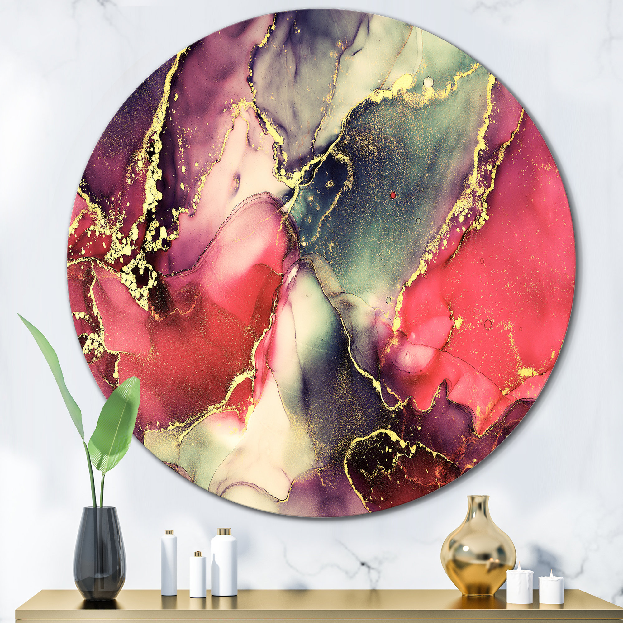 East Urban Home Red Luxury Abstract Fluid Art II - Modern Metal Circle ...