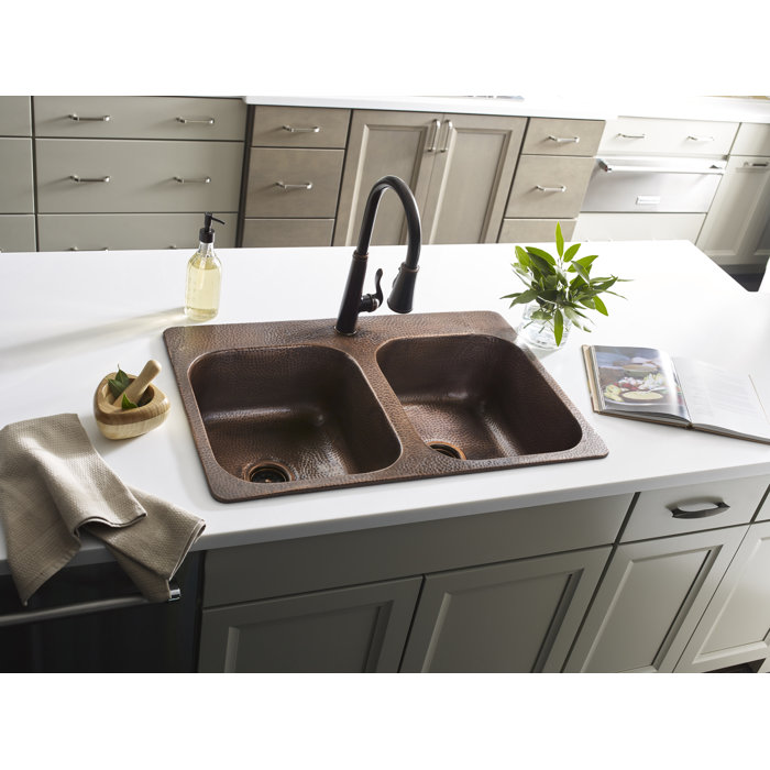 Sinkology Angelico Copper 33" Double Bowl Drop-In Kitchen Sink | Wayfair