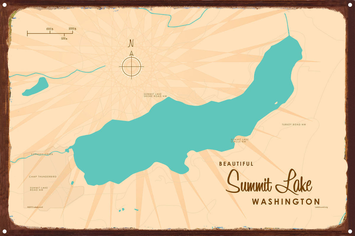 Breakwater Bay Summit Lake Washington Map Rustic Metal Art Print - by ...