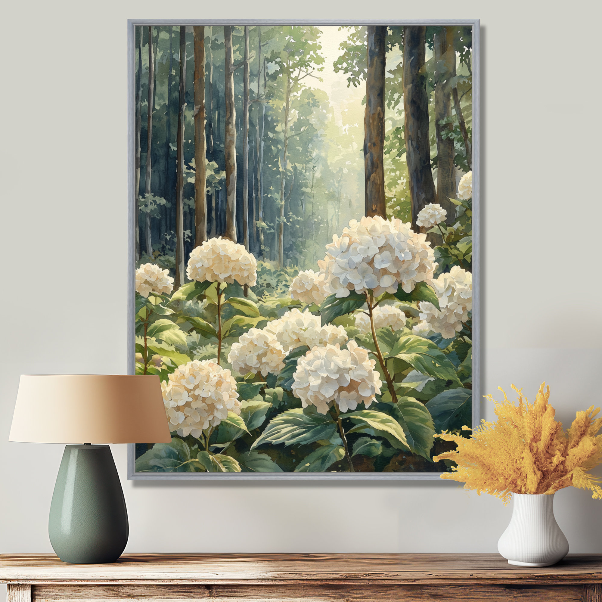 Design Art Hydrangeas By The Forest Edge - Hydrangea Canvas Print Wall ...