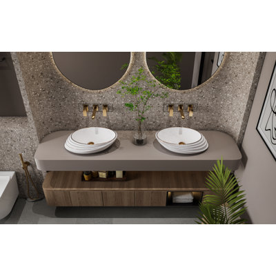 MEJE 21" Rose Gold Embossed Art Basin, Ceramic Slant Oval Bathroom Sink ...