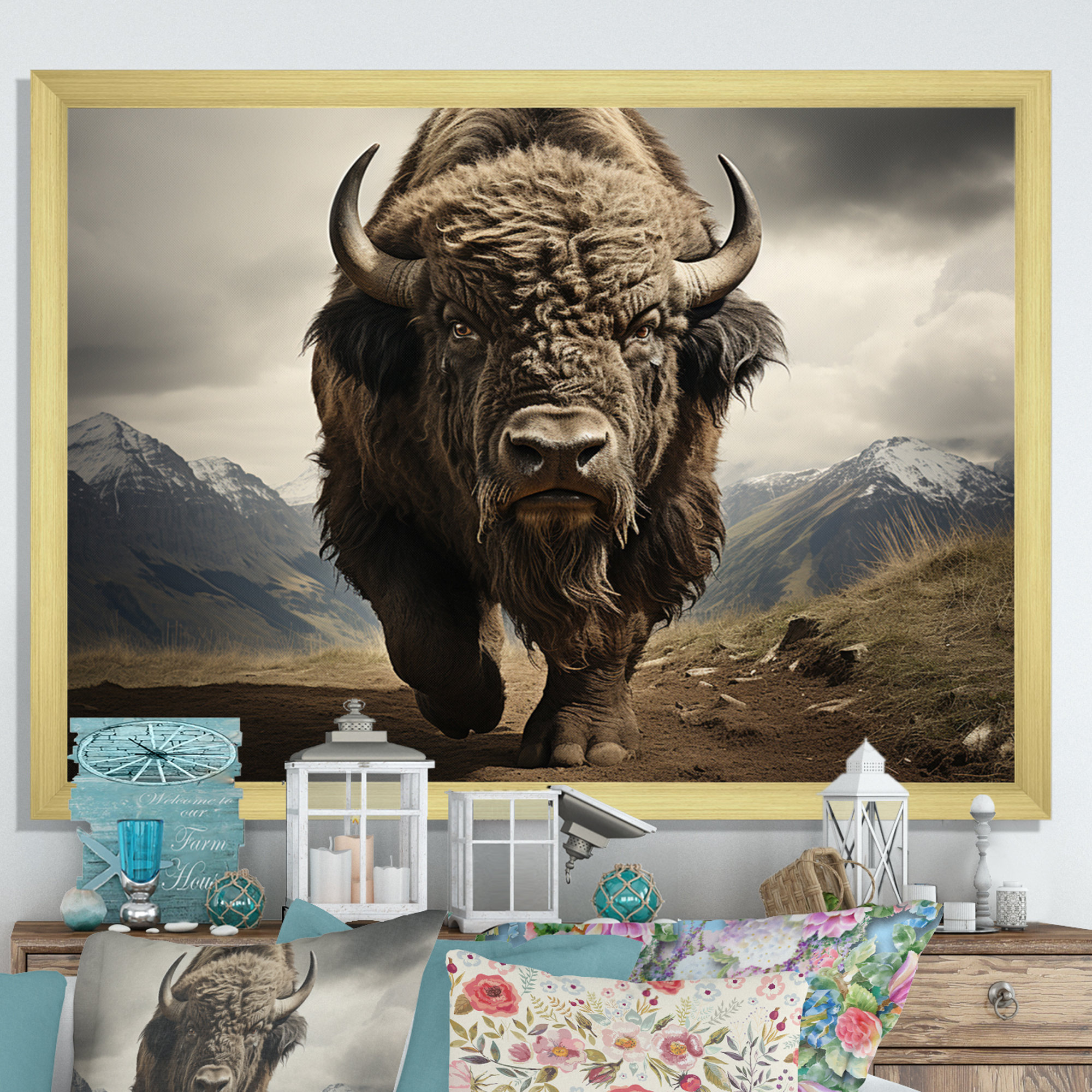 Union Rustic Bison Protrait III Framed On Canvas Print | Wayfair