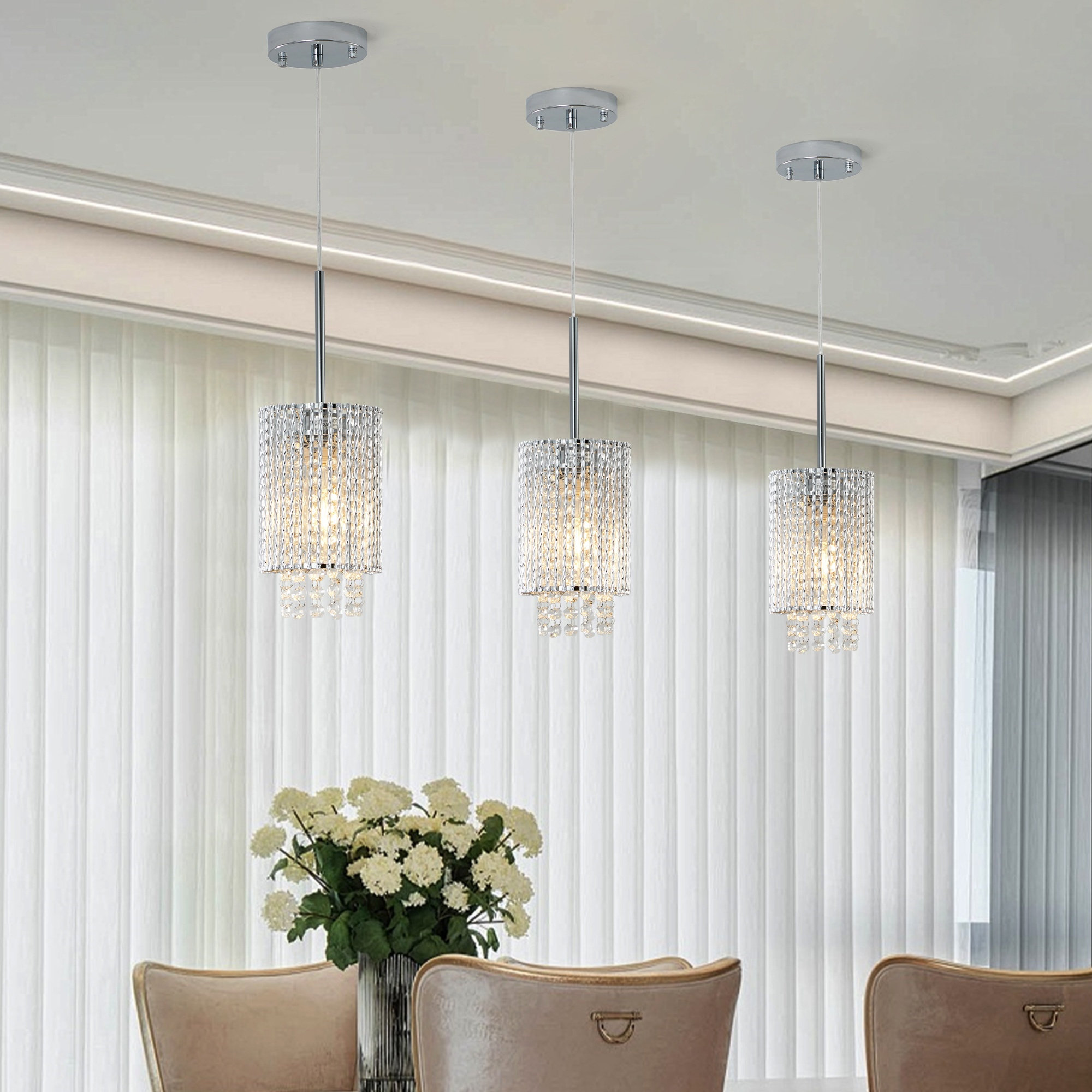 Latitude Run® Modern Crystal Pendant Light 3-pack Adjustable Chrome ...