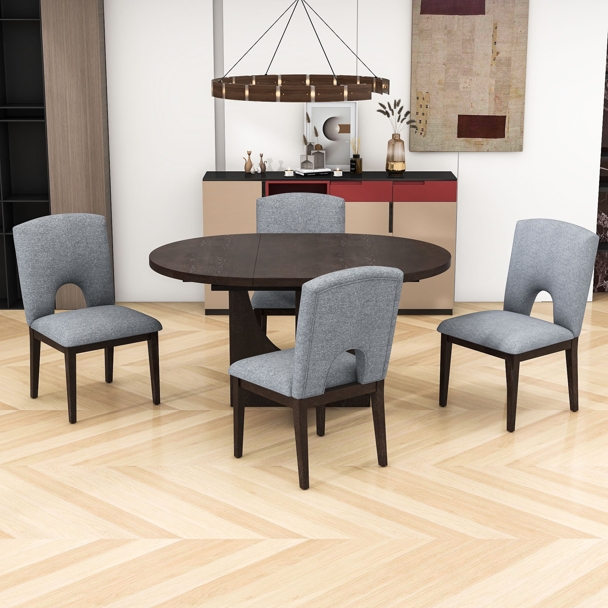 Lark Manor Corrielus Wooden 5-Piece Dining Set, Extendable Round Table ...