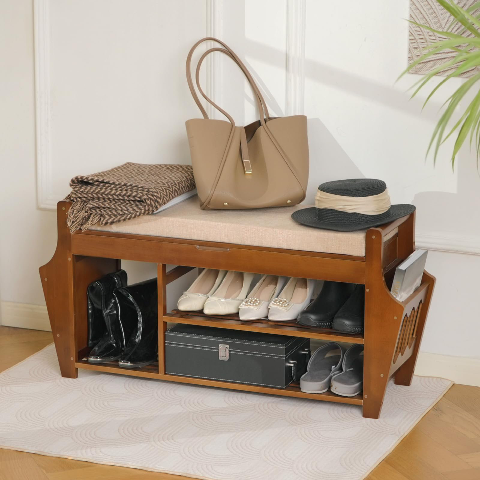 Foundry Select Bamboo Shoe Bench Rack With Storage, 2 Tier Entryway ...