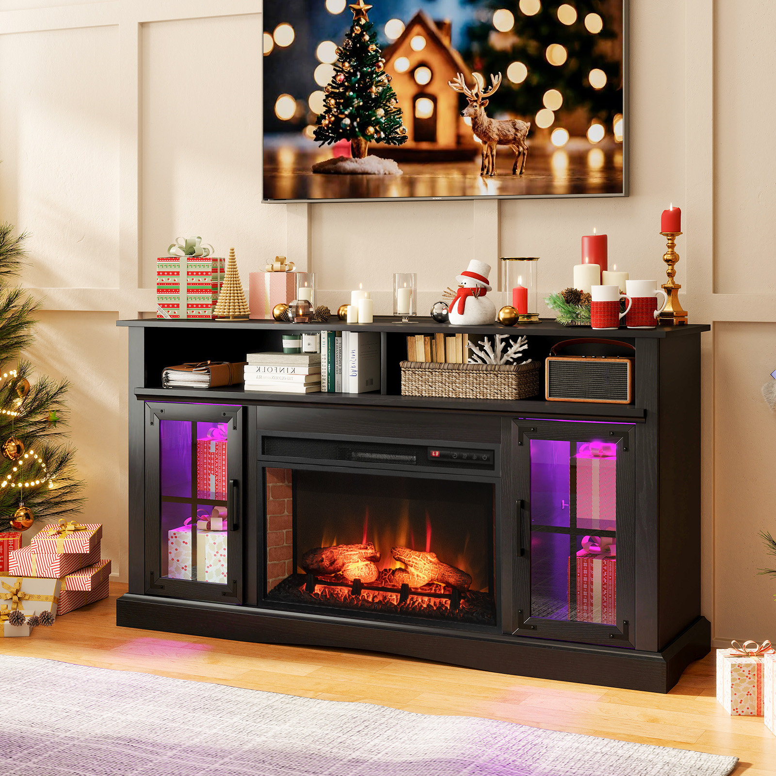 Ivy Bronx Fireplace TV Stand w/ Remote Controls & Thermostat Storage ...